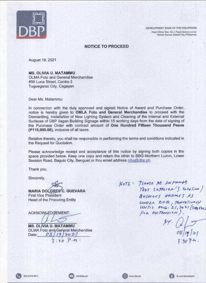 Notices to Proceed - Development Bank of the Philippines
